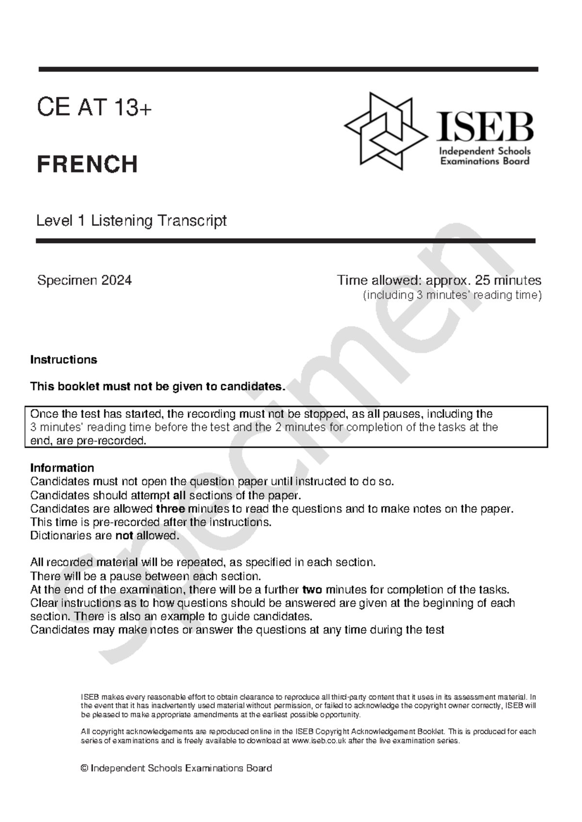 CE AT FRENCH Level 1 Listening Transcript Specimen 2024 - Studocu