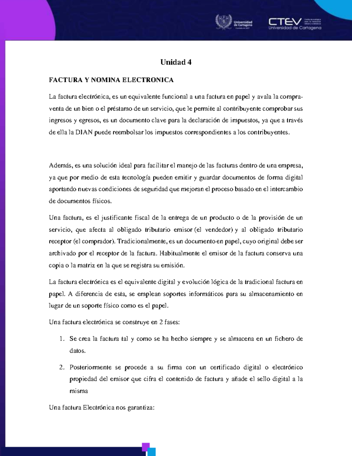 Unidad 4: Factura y Nómina Electrónica en el Seminario Tributario - Studocu