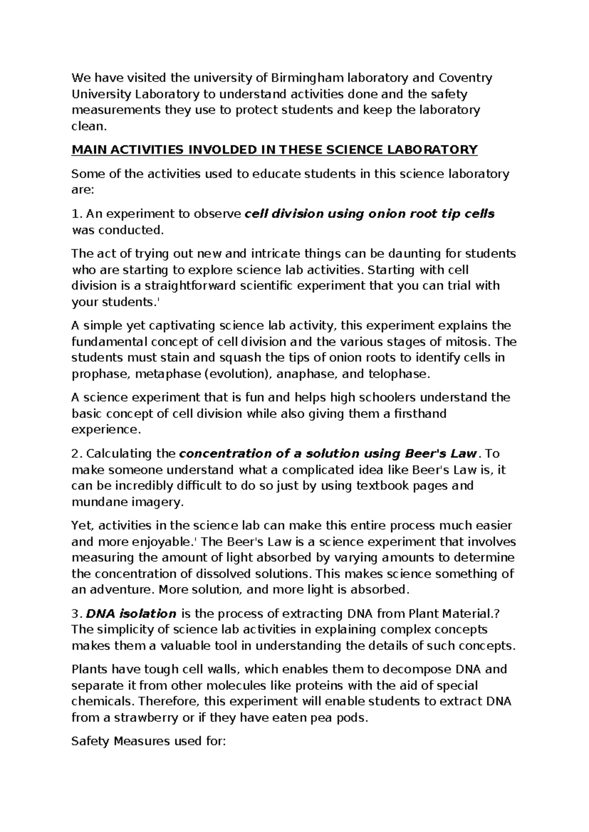 Birmingham & Coventry Uni Lab Safety Measures & Activities (SCI101 ...