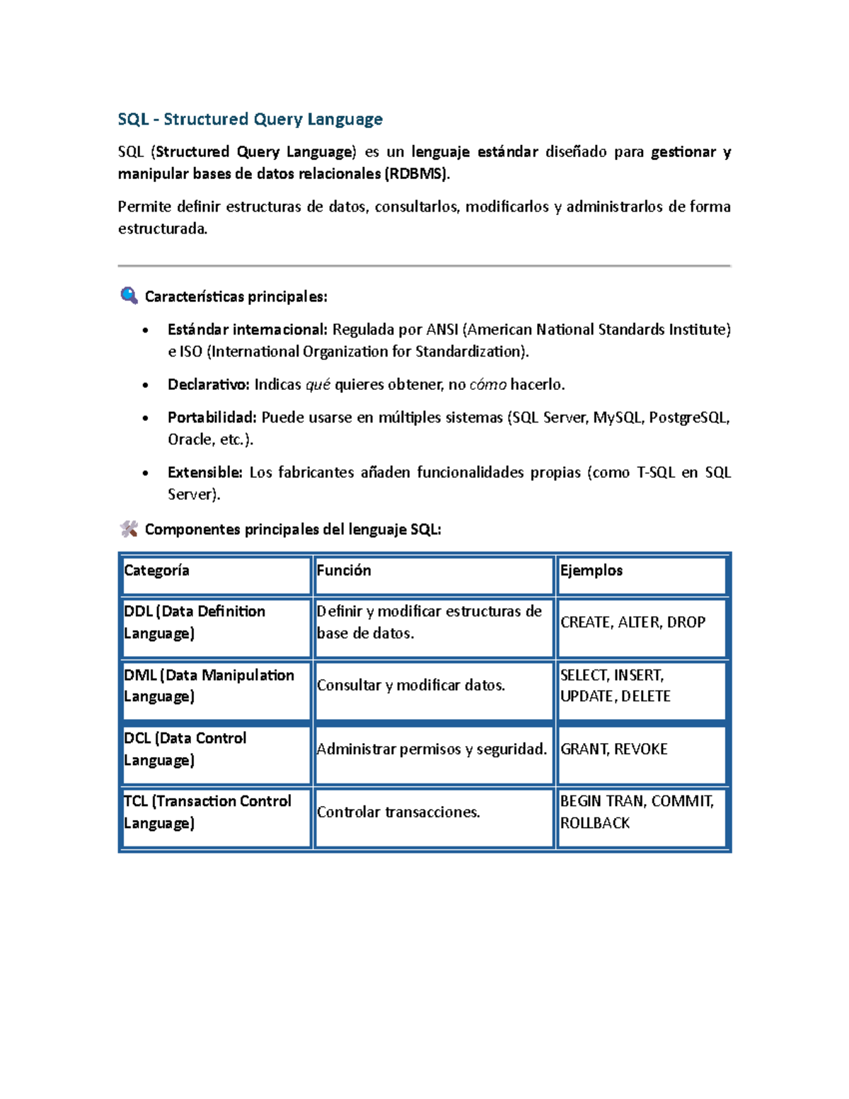 0201 SQL - Lenguaje de Consulta Estructurada y sus Características - Studocu