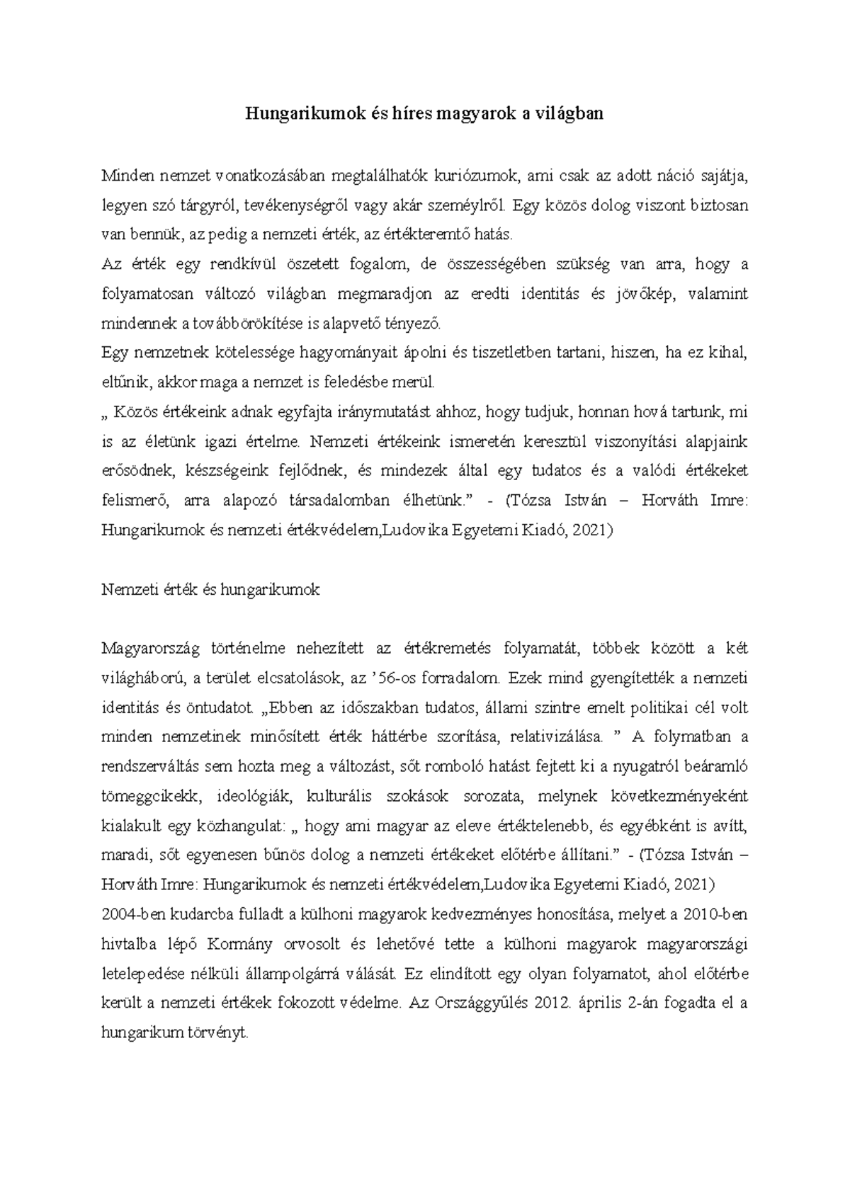 Hungarikumok és nemzeti értékek védelme - FFFFV - Studocu