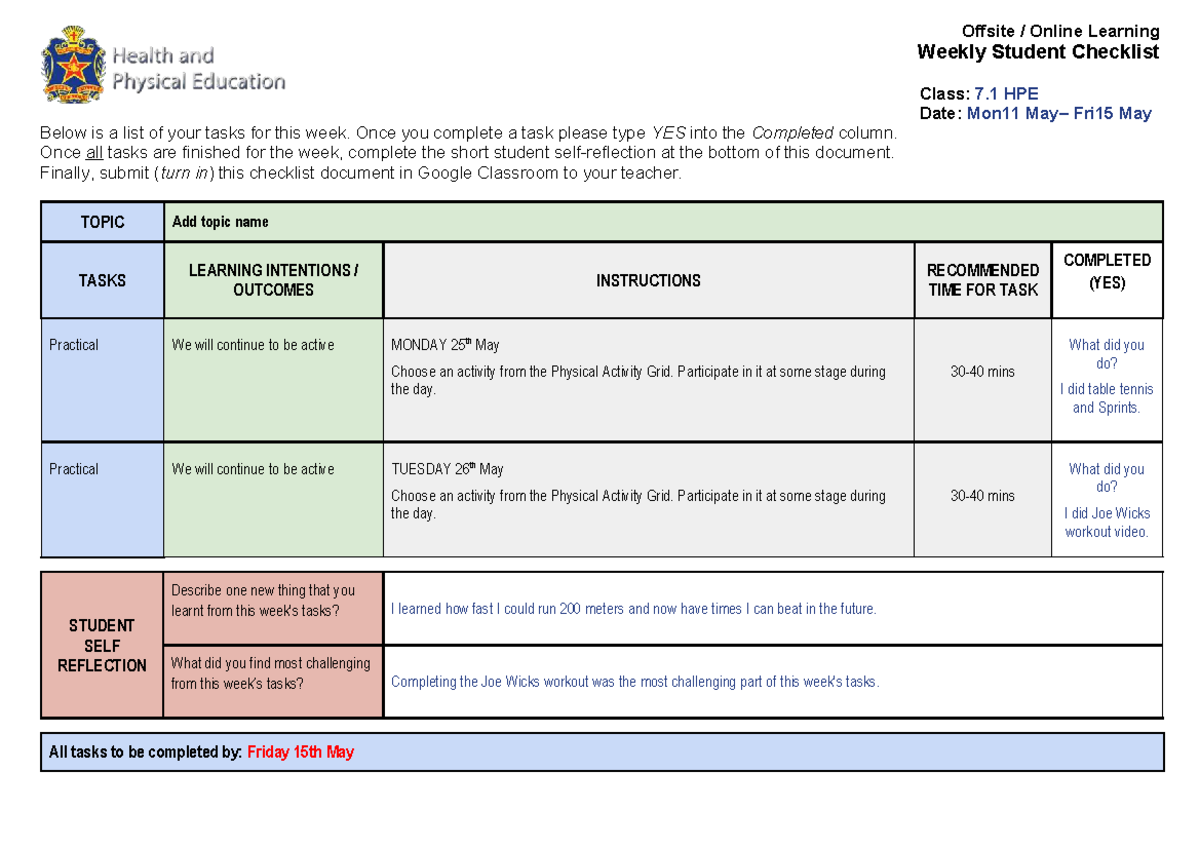 PE 7.1 Week 7 Online Learning Checklist and Reflection Guide - Studocu