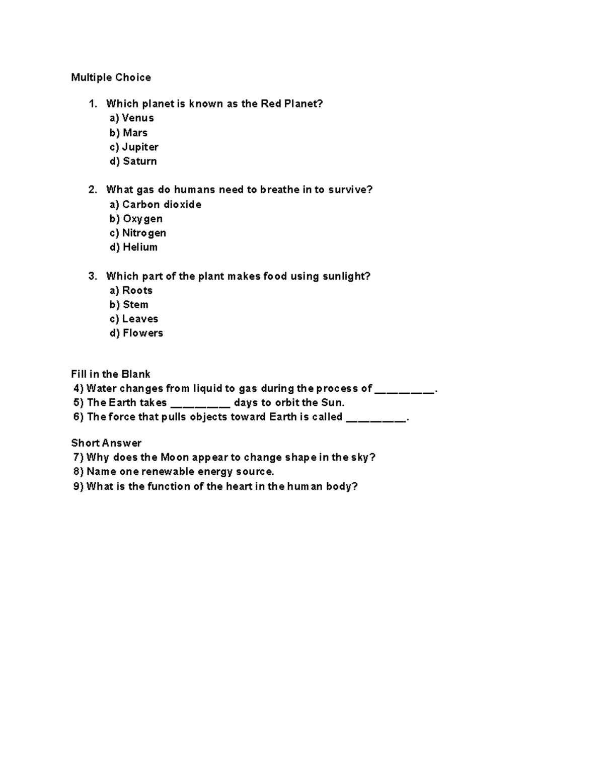 Science Worksheet: Multiple Choice & Short Answer Questions - Studeersnel