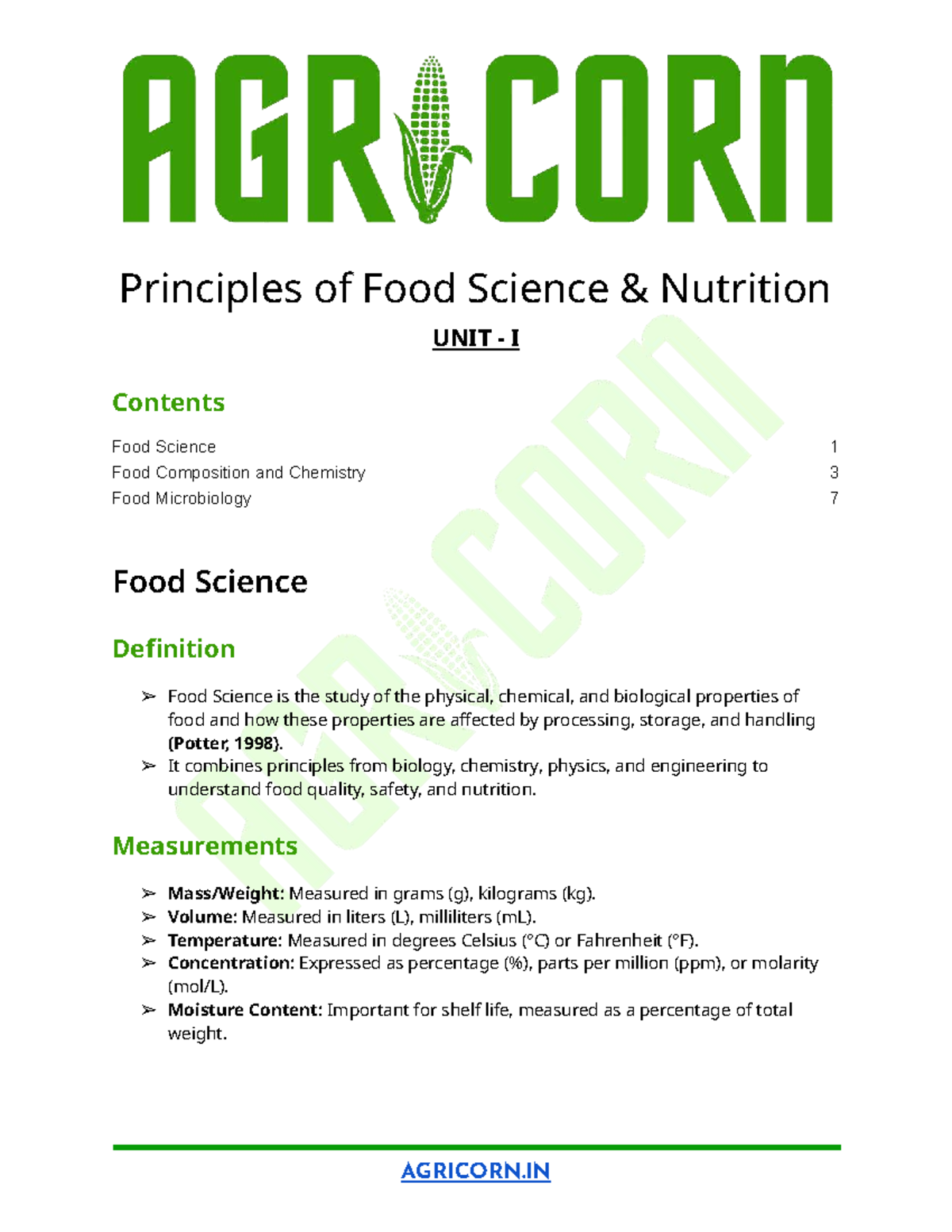 Principles of Food Science & Nutrition (Unit I): Key Concepts ...