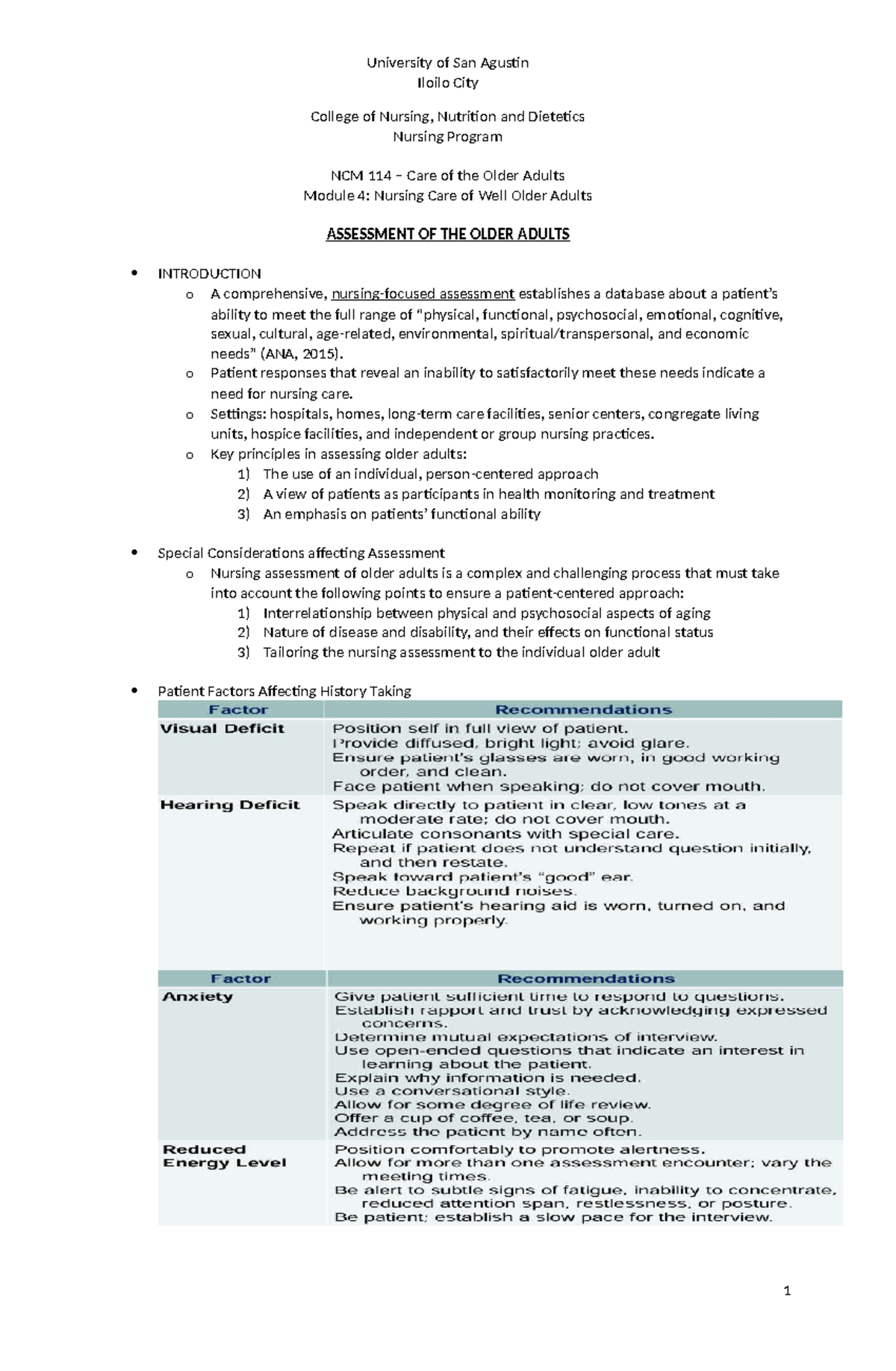 NCM 114 Module 4: Nursing Care Assessment of Older Adults - Studocu