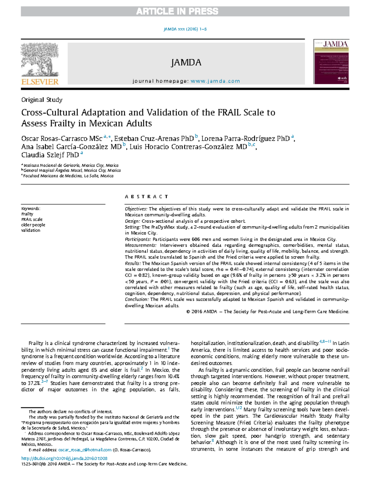 Adaptation and Validation of the FRAIL Scale in Mexican Adults (JAMDA ...