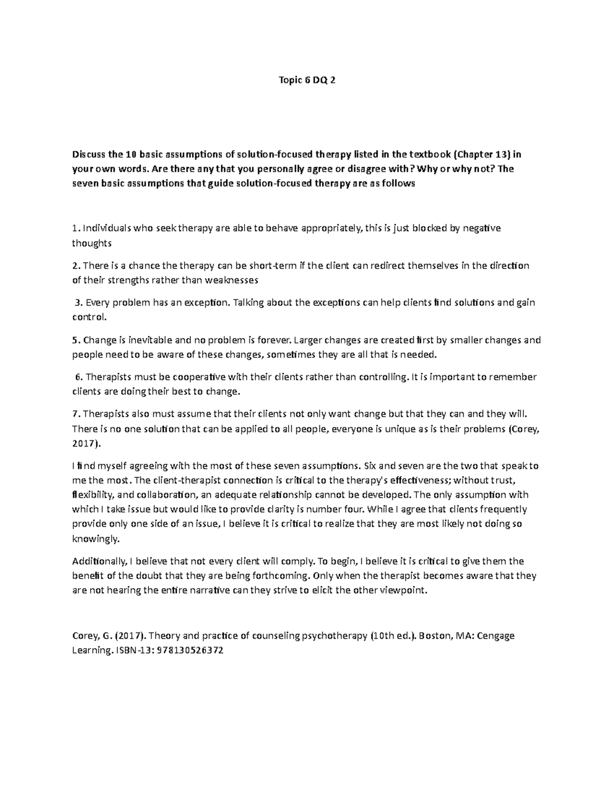 Topic 6 DQ 2: Exploring the 7 Assumptions of Solution-Focused Therapy ...