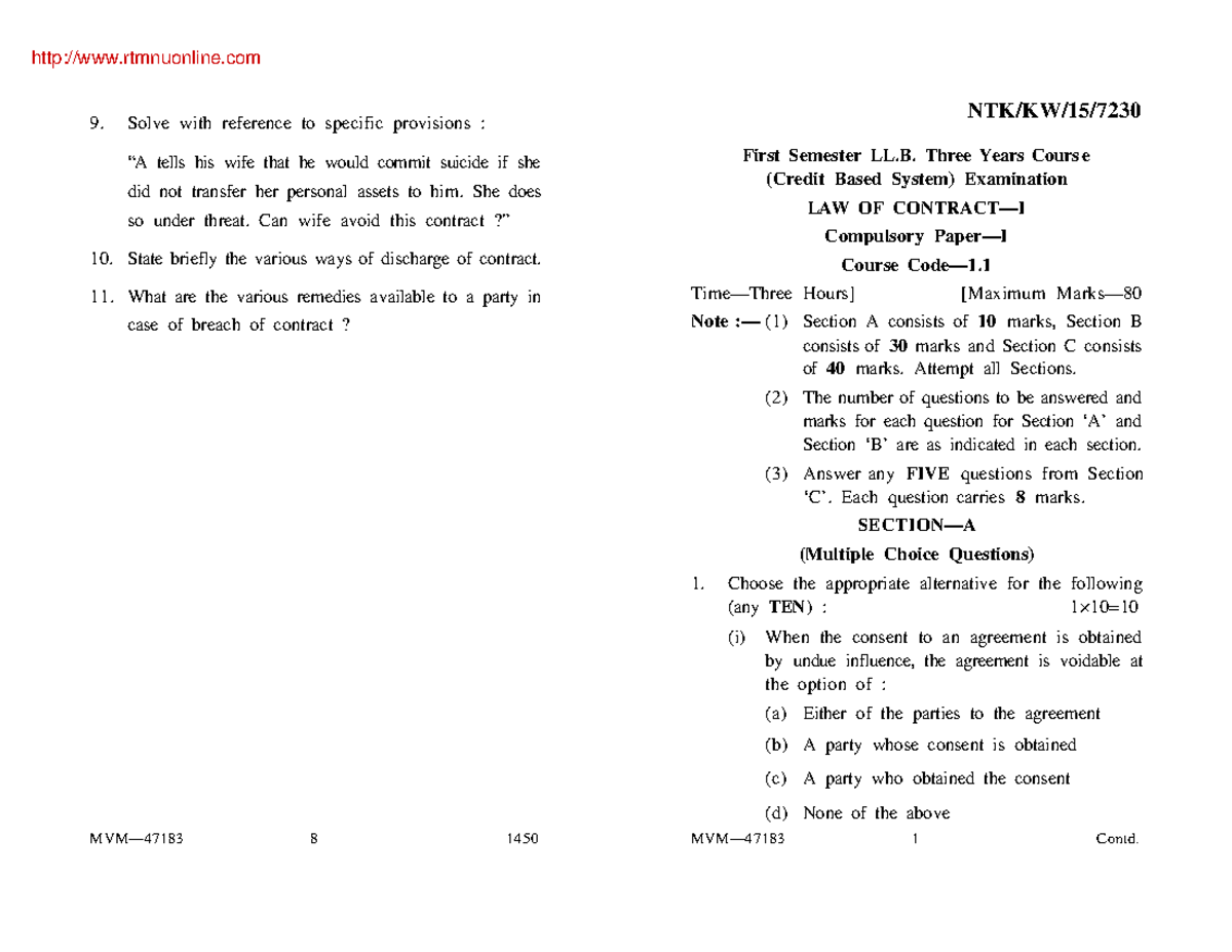 LLB 1st Sem Law of Contract I Exam Paper Winter 2015 (Course Code 1 ...