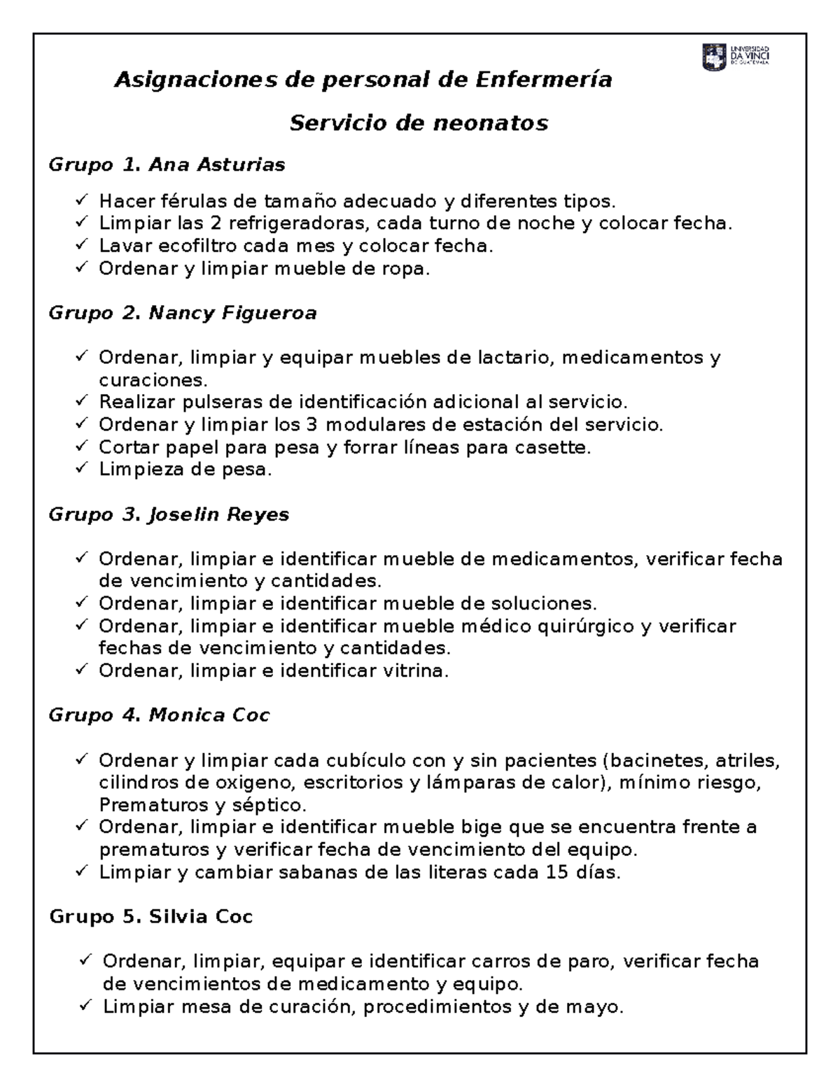 Asignaciones del Personal de Enfermería en Servicio Neonatal - Studocu