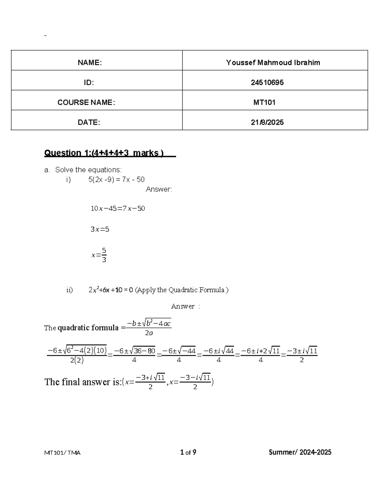 MT101 TMA Solutions and Equations - Summer 2024-2025 - Studocu