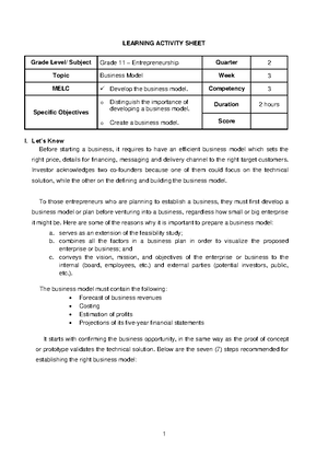 Q2-Entrepreneurship-11 Week-1 - LEARNING ACTIVITY SHEET I. Let’s know ...