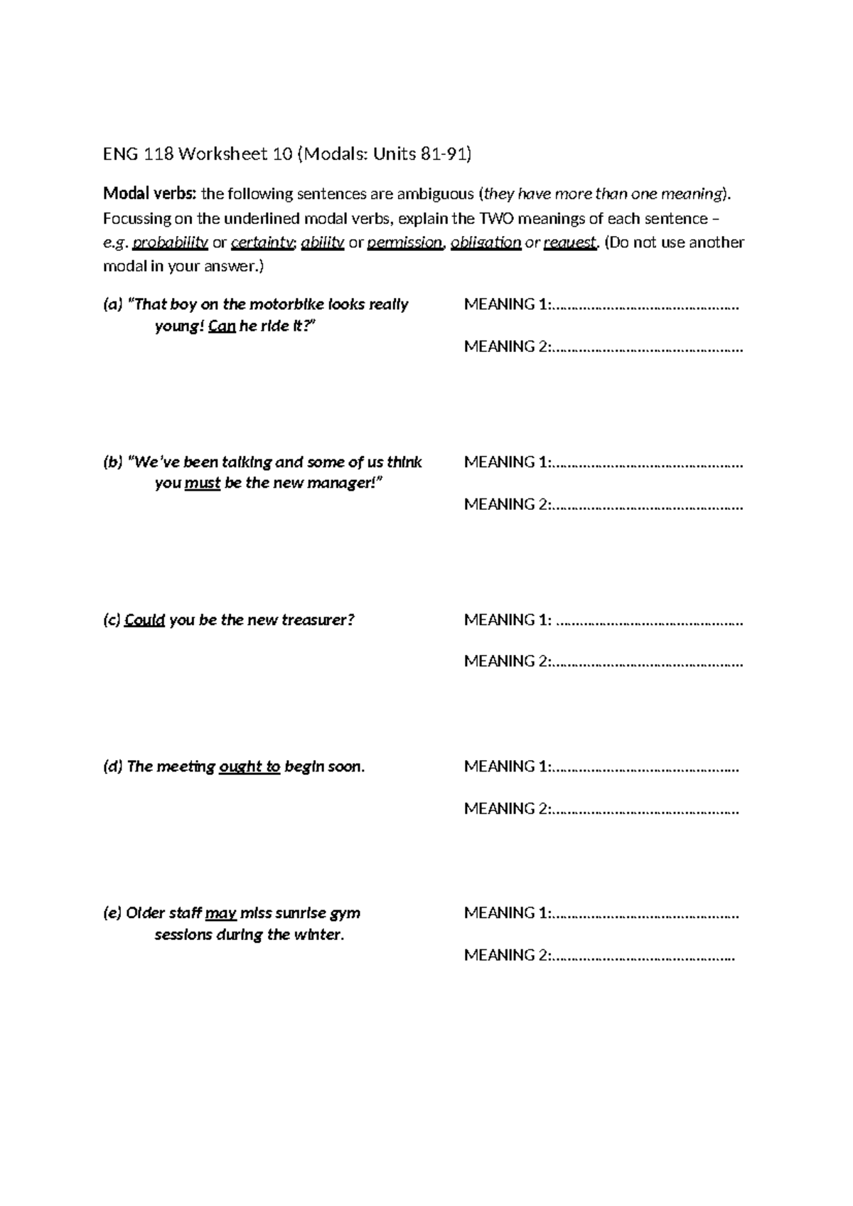 ENG 118 Worksheet 10 - Understanding Modal Verbs and Their Meanings ...