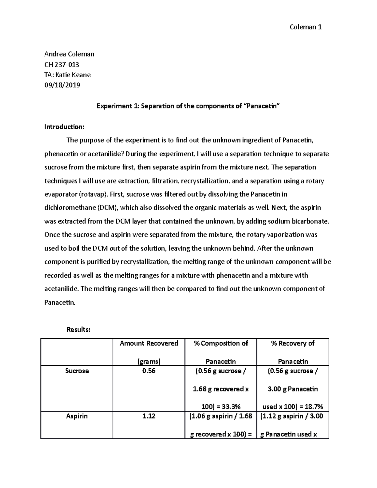 CH 237 Orgo Lab Report #1: Separation & Identification of Panacetin ...