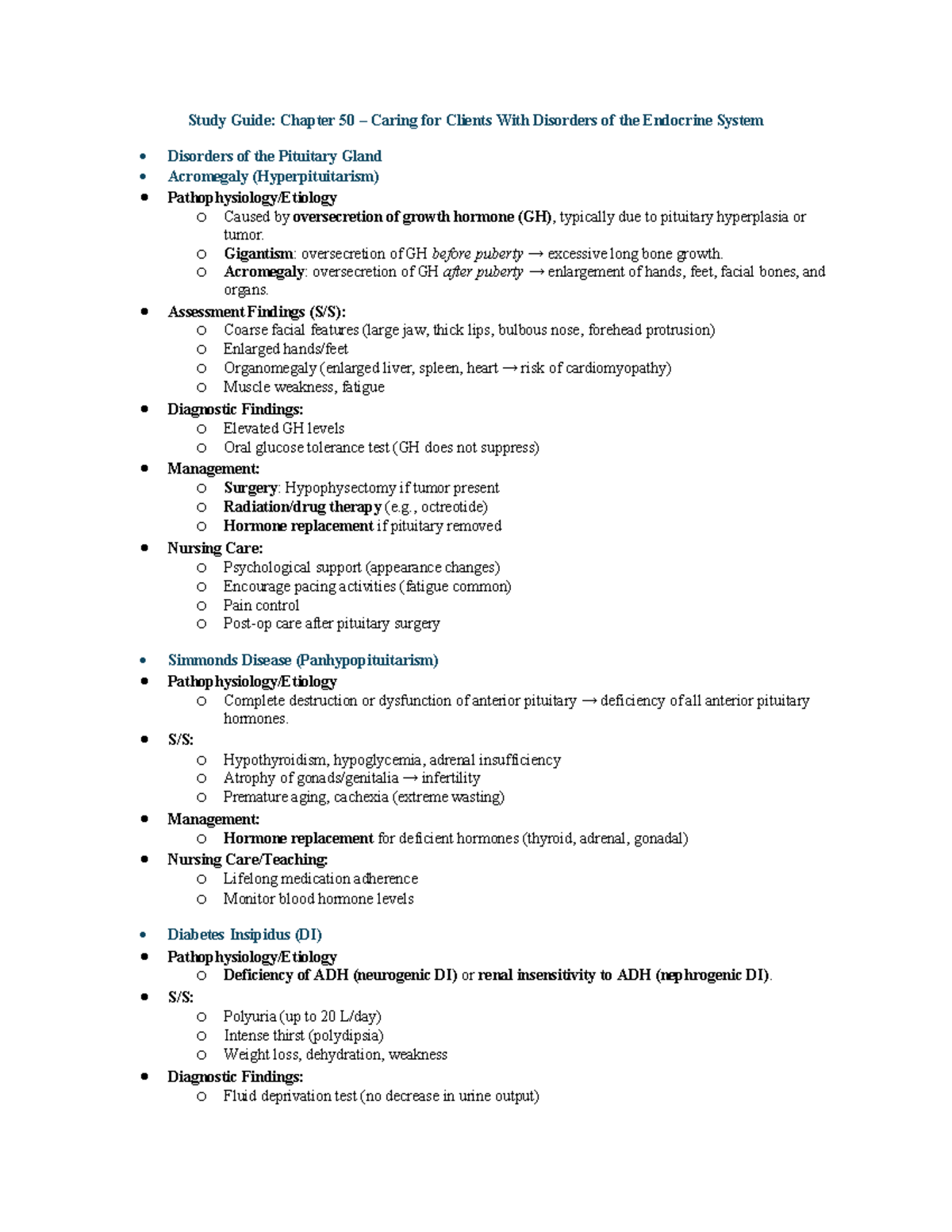 Ch. 50 Endocrine System Study Guide: Disorders & Nursing Care - Studocu