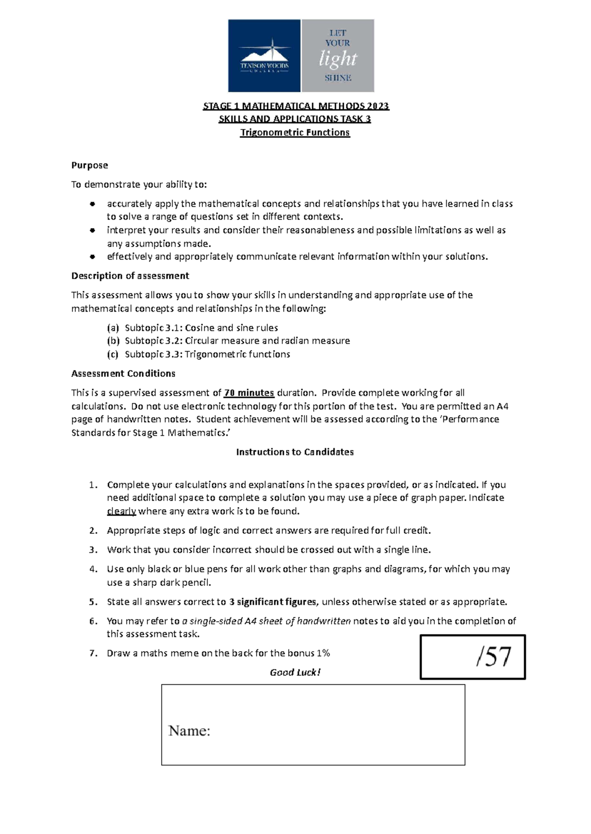 Stage 1 Mathematical Methods 2023: Skills & Applications Task 3 ...