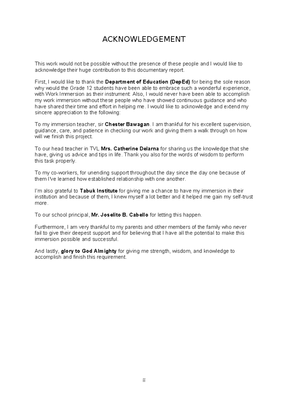 Acknowledgement for Grade 12 Work Immersion Documentary Report - Studocu