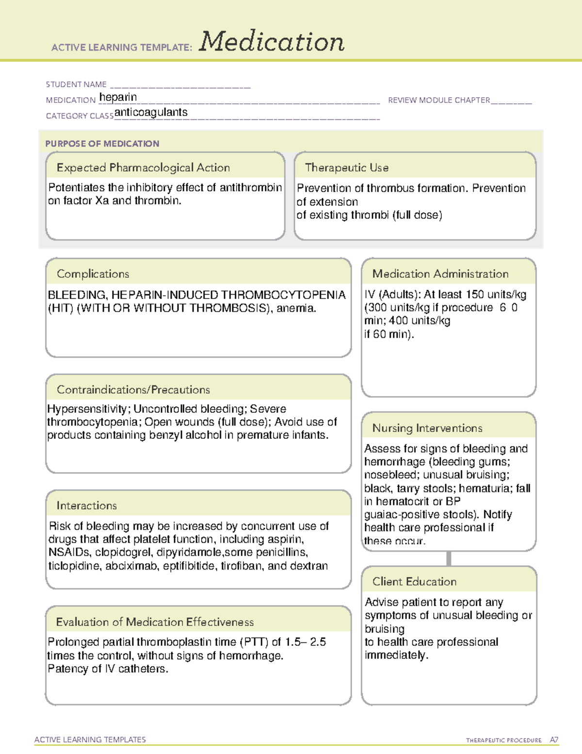 Heparin Medication Card - Active Learning Template Review - Studocu