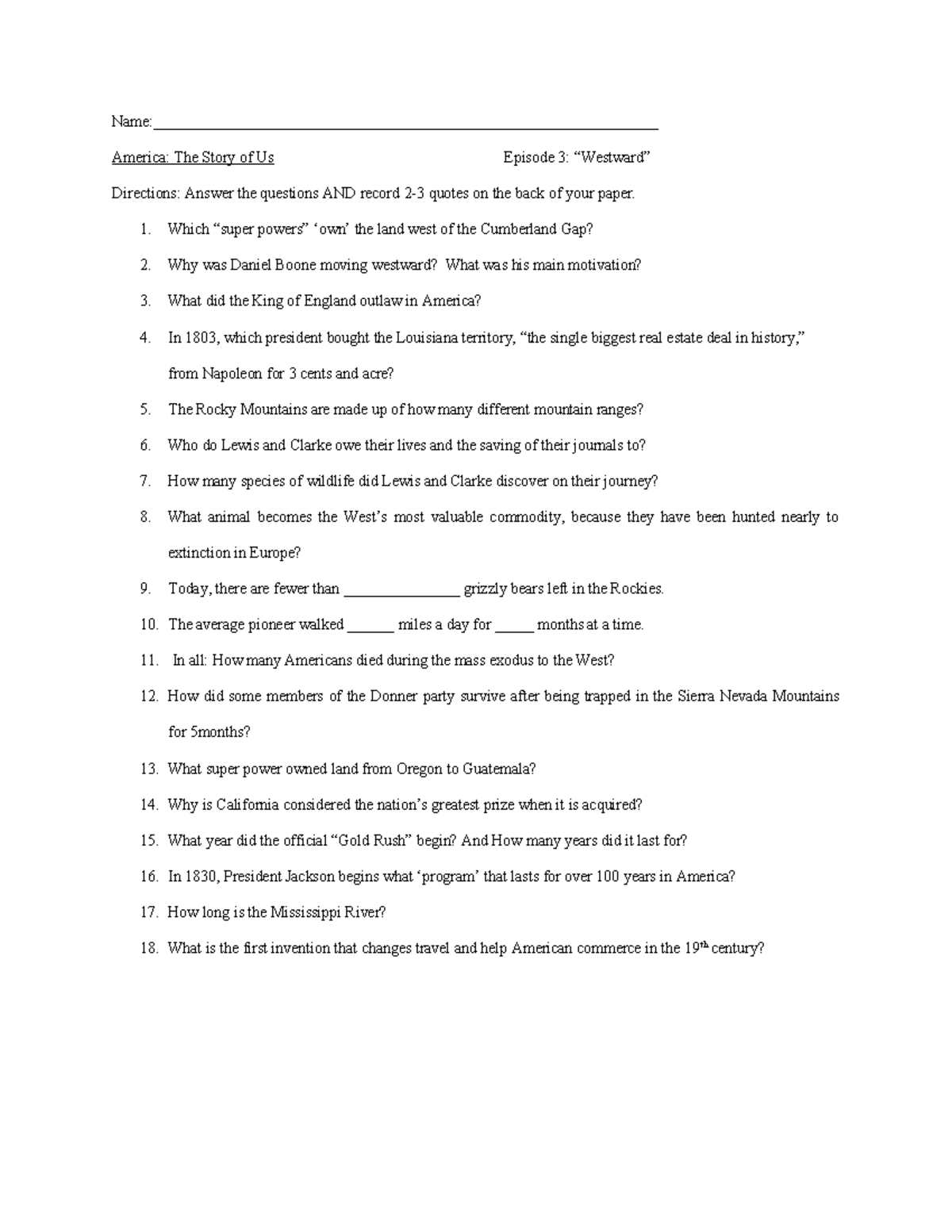 US History: America: The Story of Us Episode 3 Q&A Guide - Studocu