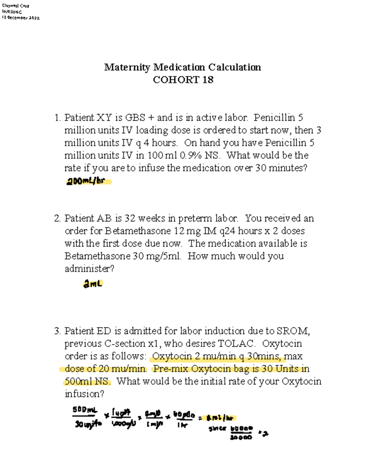 Maternity Med Math Calculations - NURS114 Cohort 18 Notes - Studocu