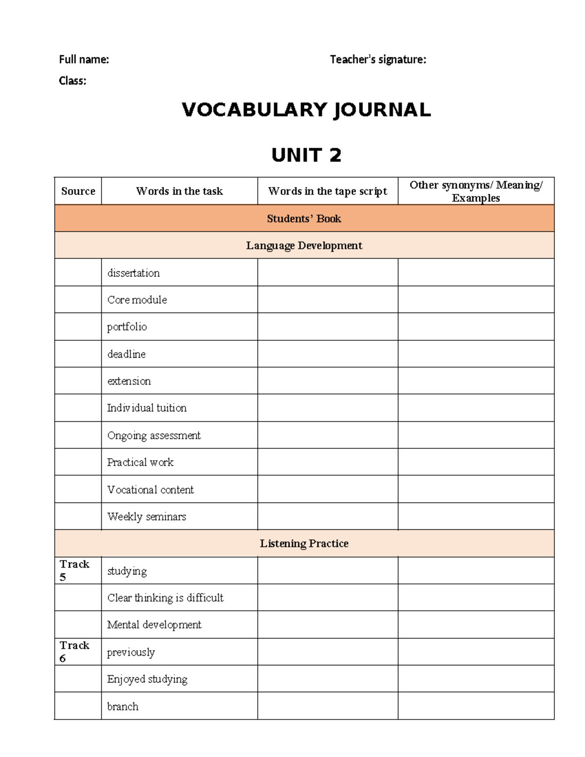 VOCABULARY JOURNAL - Unit 2 (CORE MODULE) for Language Development ...