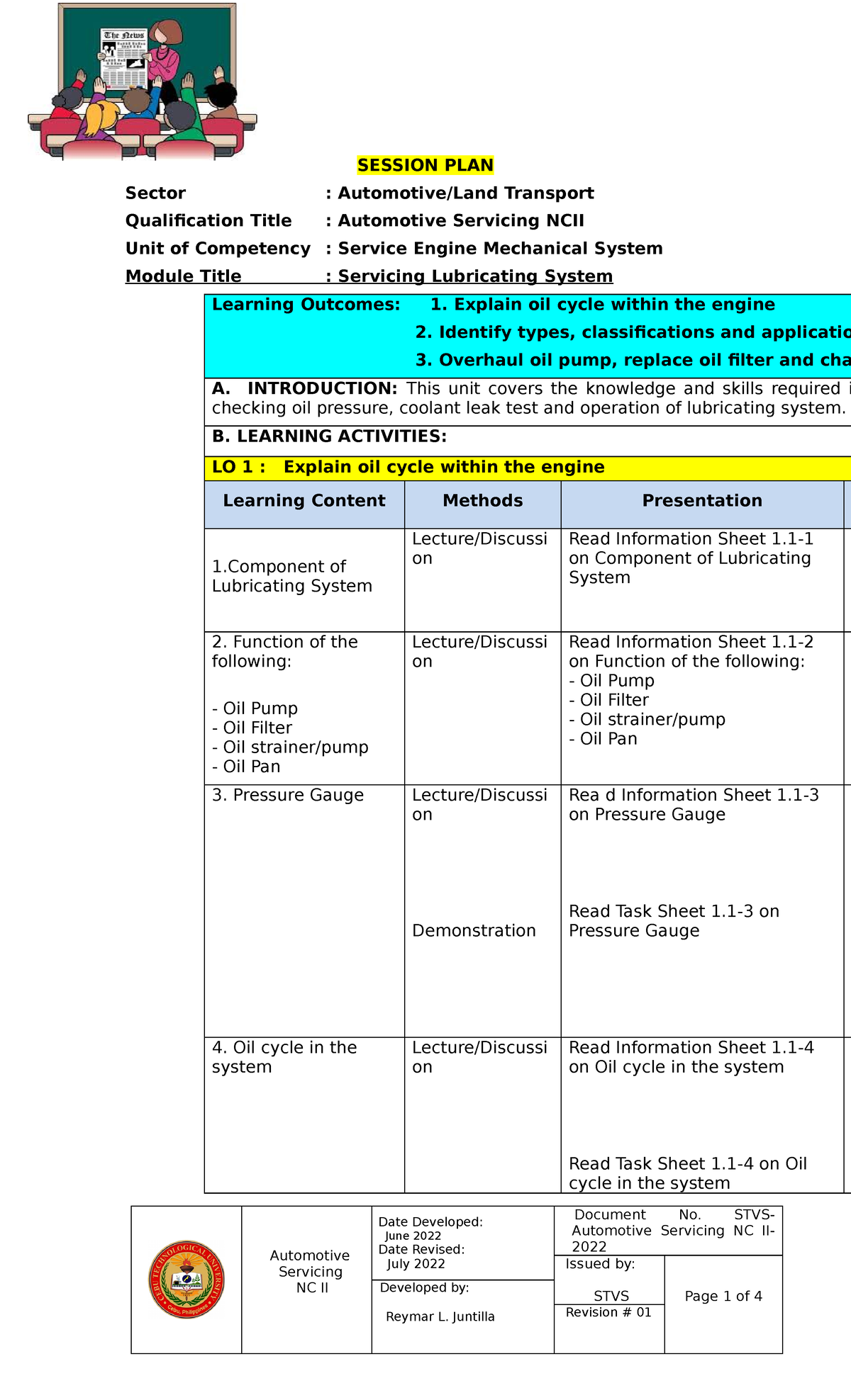 TM-Automotive-Technology Session Plan: Servicing Lubricating System ...