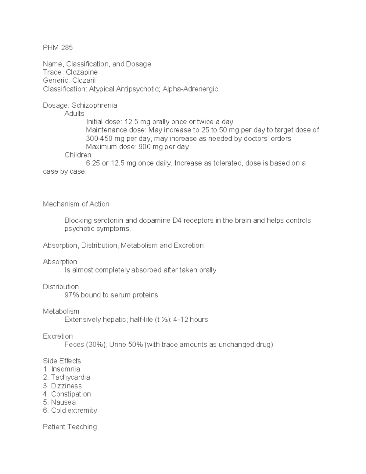 Drug card 2 - Drug card reference - PHM 285 Name, Classification, and ...