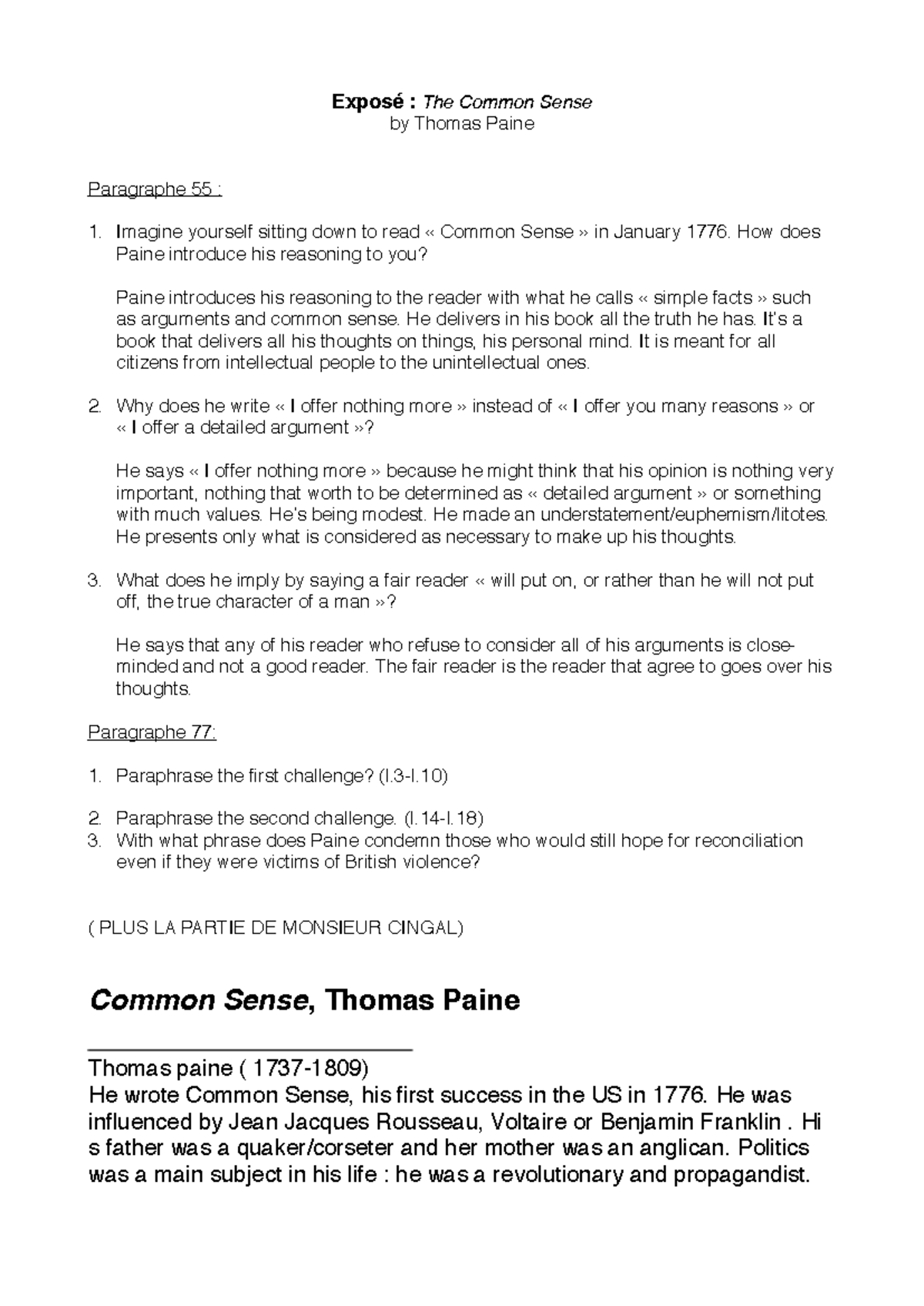 Common Sense by Thomas Paine - Analysis and Historical Context - Studocu