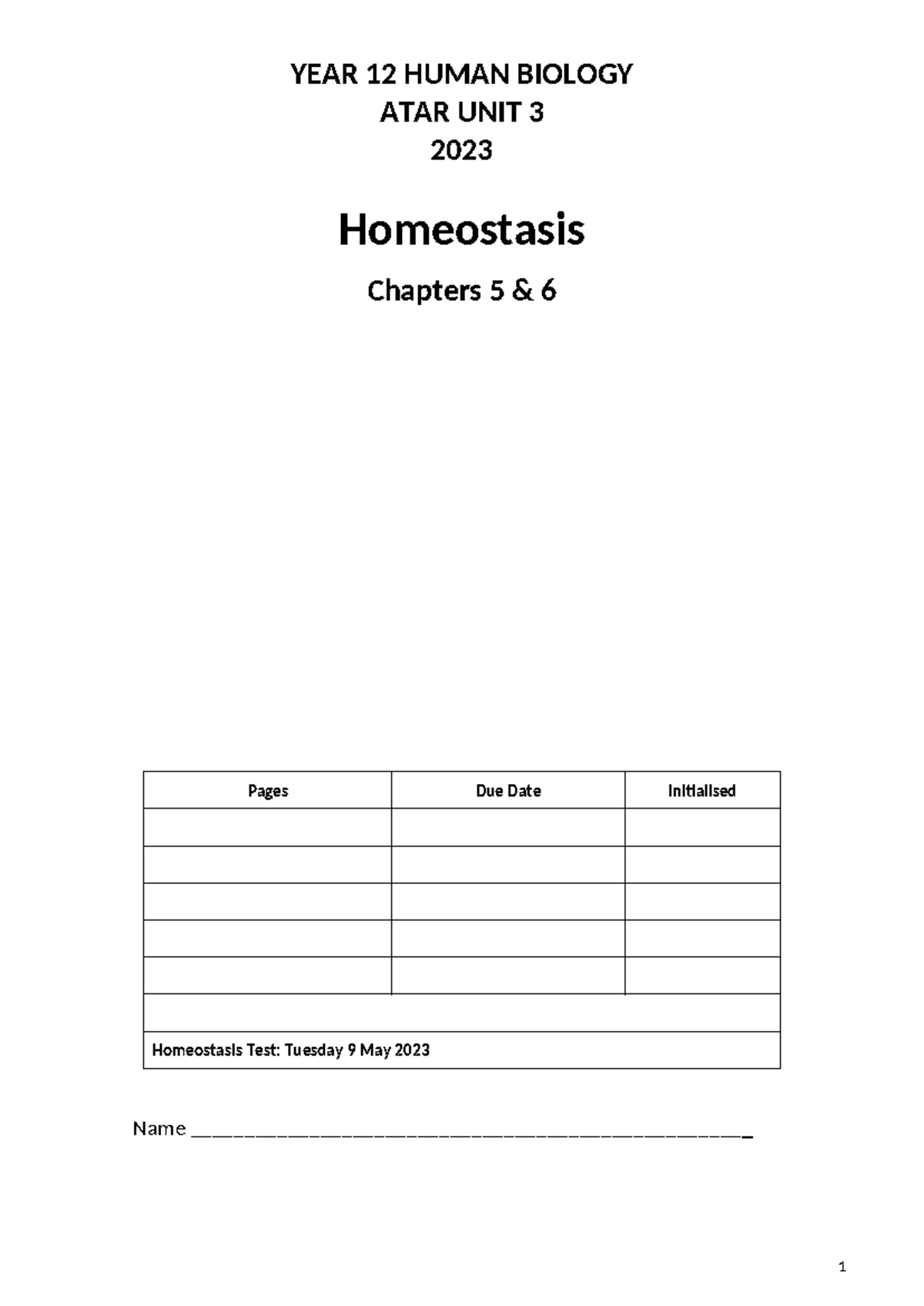 Homeostasis Booklet 2023: Year 12 Human Biology ATAR Unit 3 - Studocu