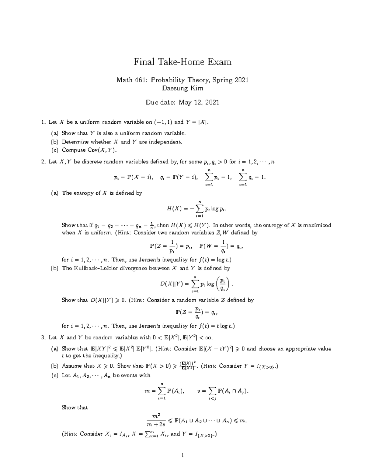 Math461-s21 Final Exam - Final Take-Home Exam Math 461: Probability ...