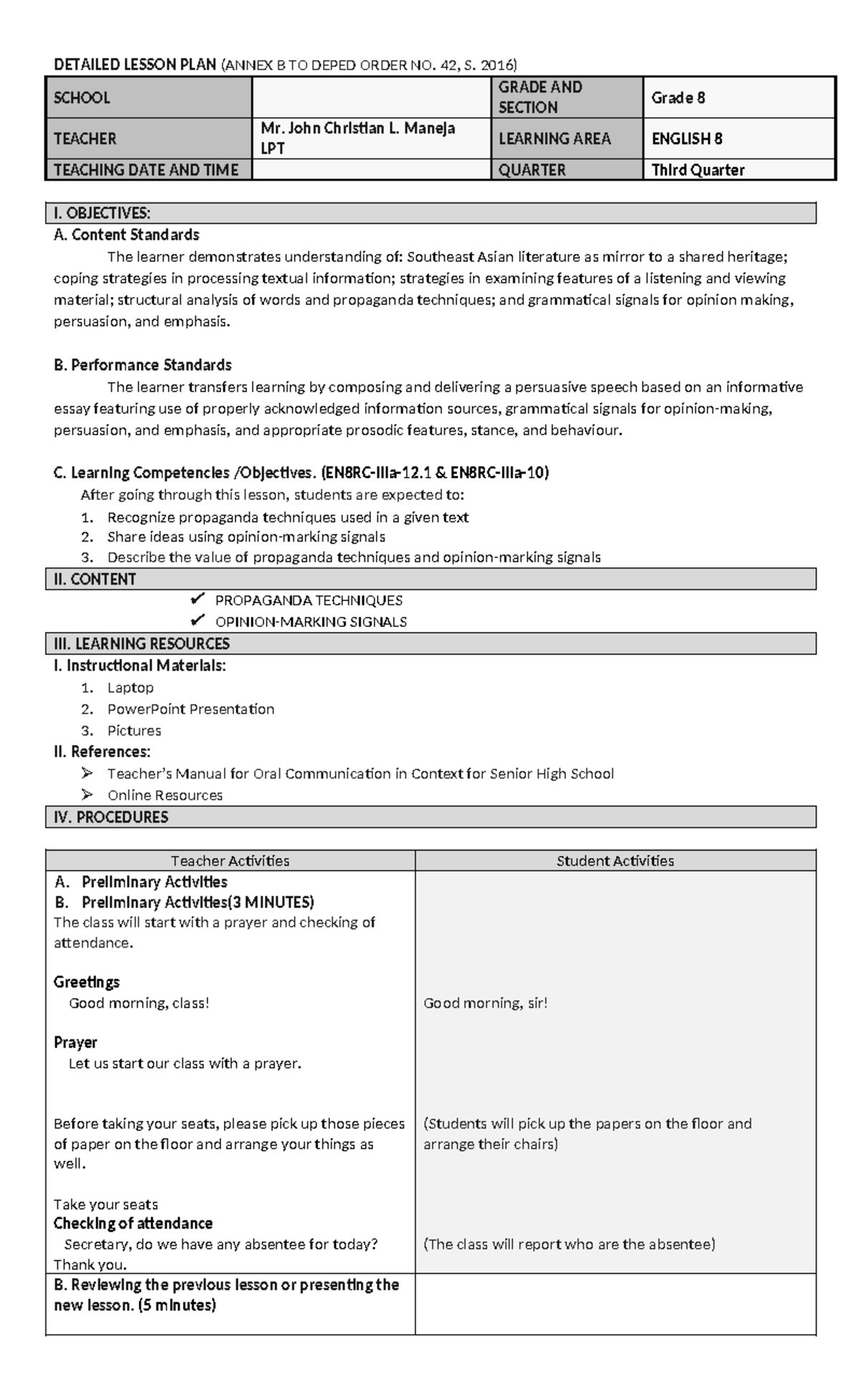 DLP JHS Lesson Plan: Propaganda Techniques in Grade 8 English - Studocu