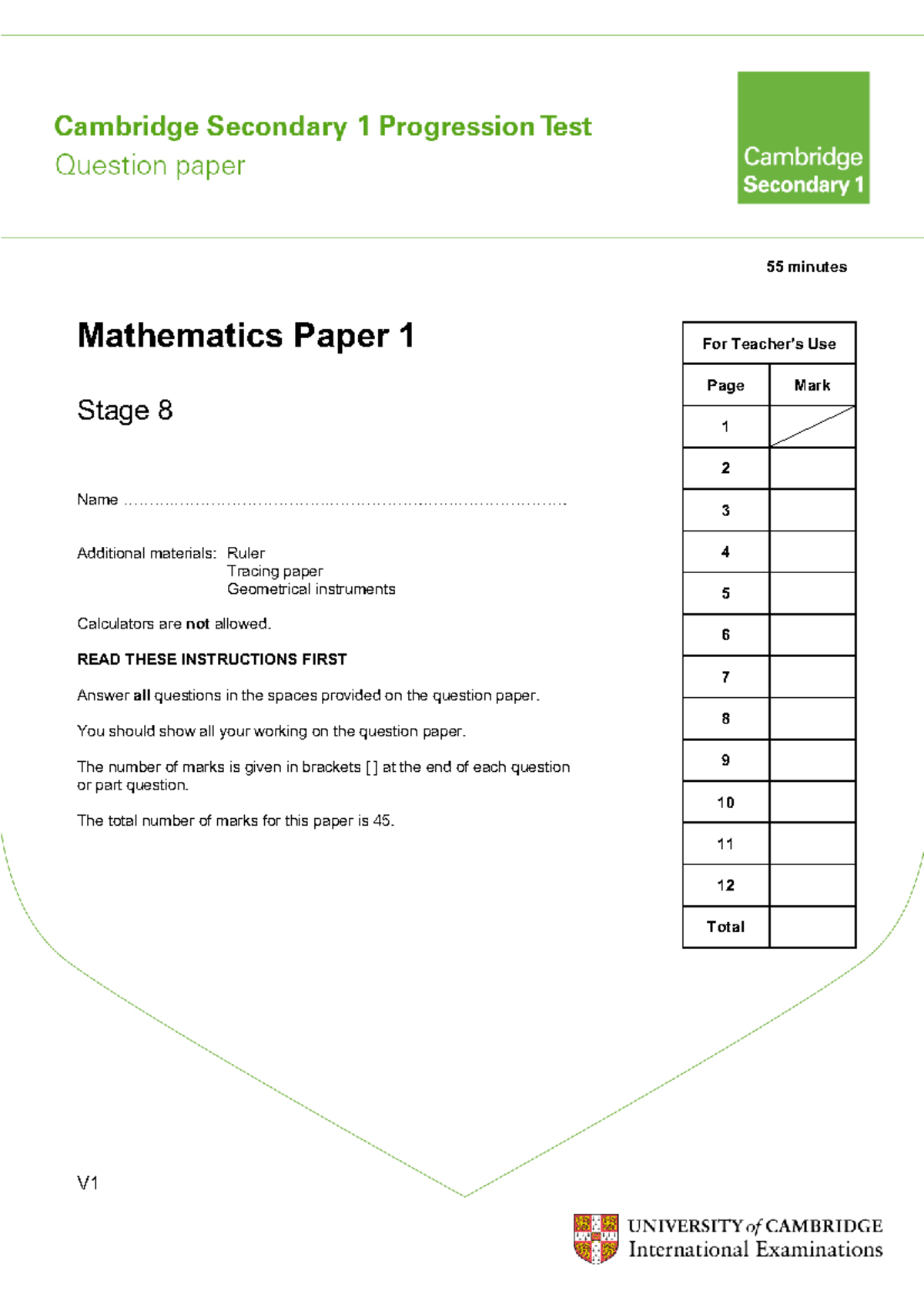 Mathematics Progression Test - M Stage 8 - Cambridge Lower Secondary 8 ...