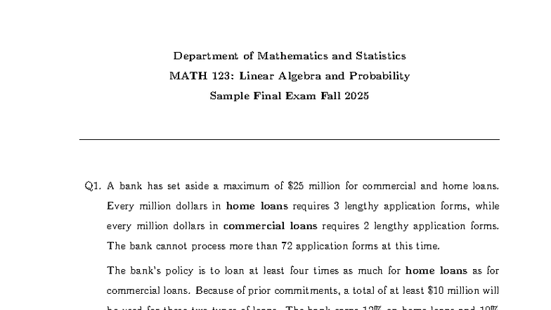 MATH 123: Linear Algebra & Probability Sample Final Exam Fall 2025 ...