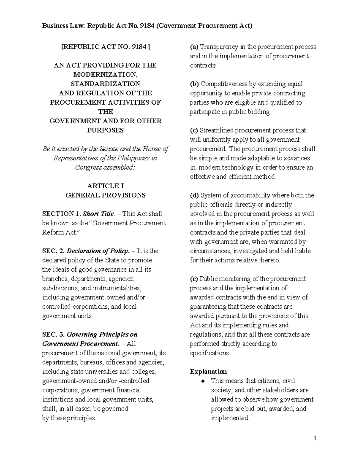 Business Law: RA 9184 (Gov't Procurement Act) Study Notes - Studocu