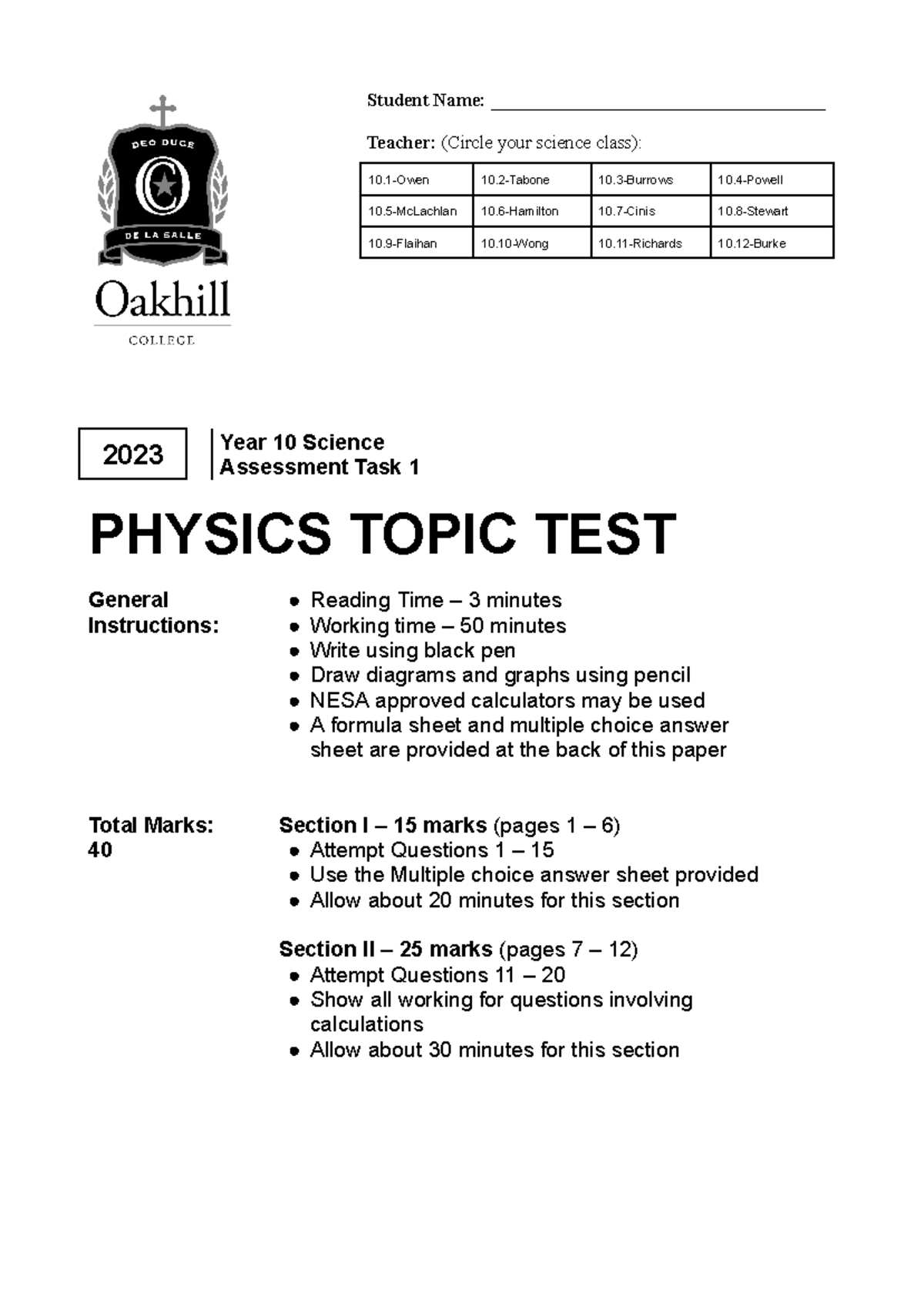 2023 Year 10 Science 10 Physics Task 1 Topic Test - Studocu