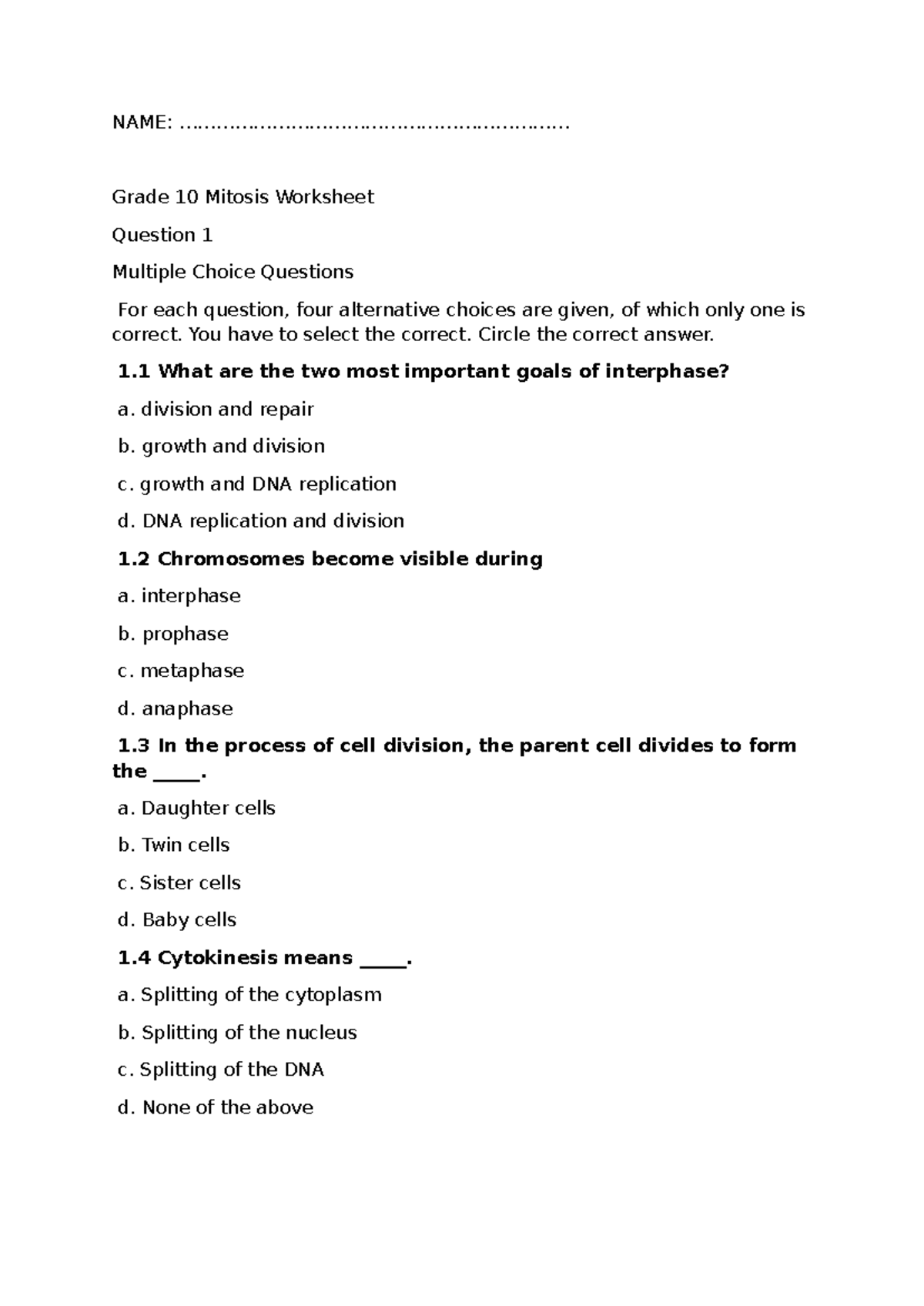 Grade 10 Mitosis Worksheet: Essential MCQs for Understanding Cell ...