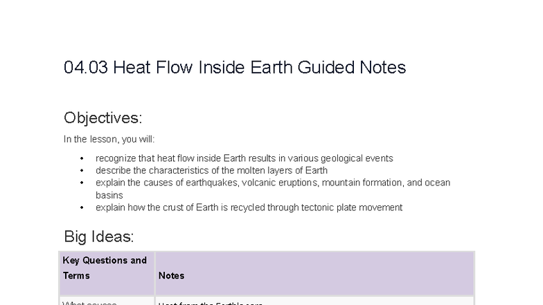 04 03 Heat Flow Inside Earth Guided Notes for A+ Success - Studocu