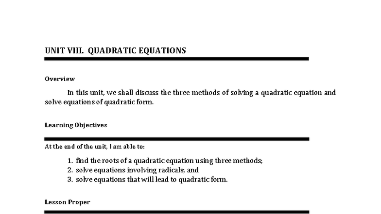 Quadratic Equations & Word Problems Module (MATH 101) - Studocu