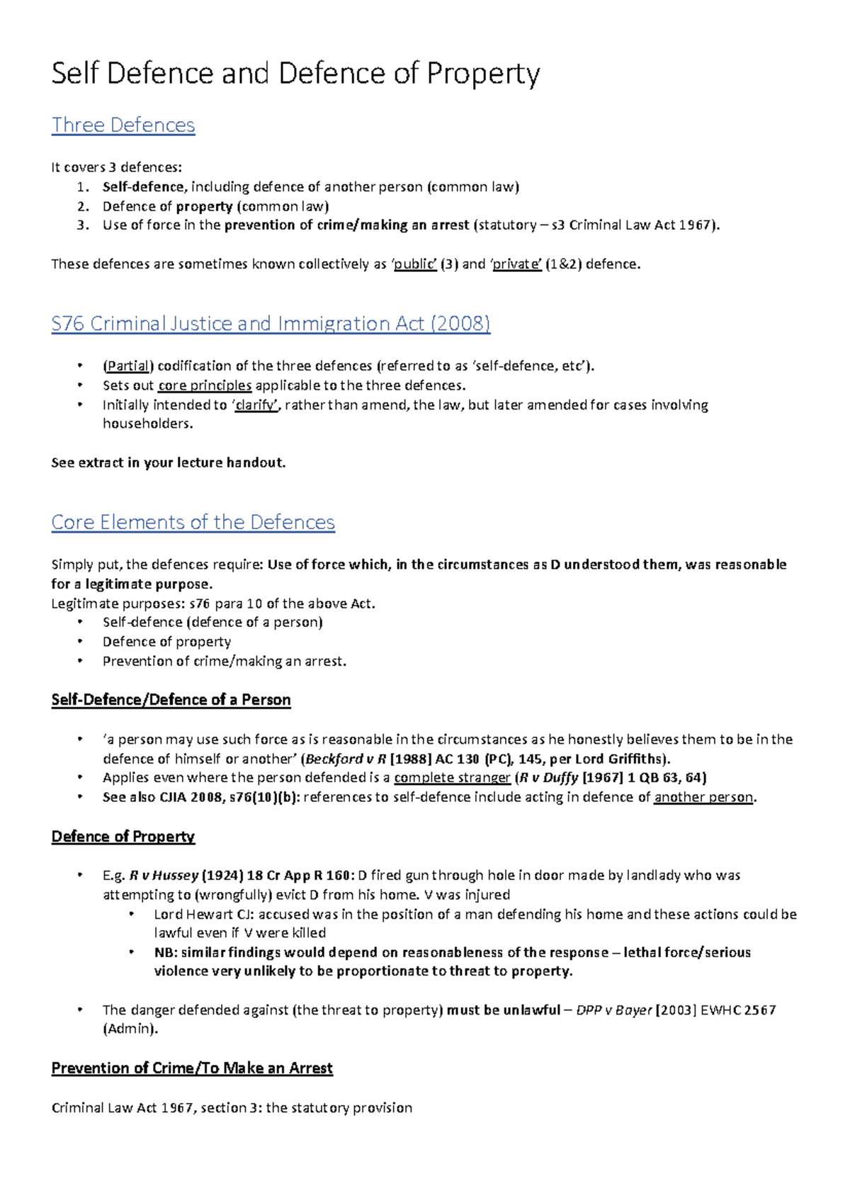 Self Defence and Defence of Property: Key Concepts Lecture 14 Notes ...