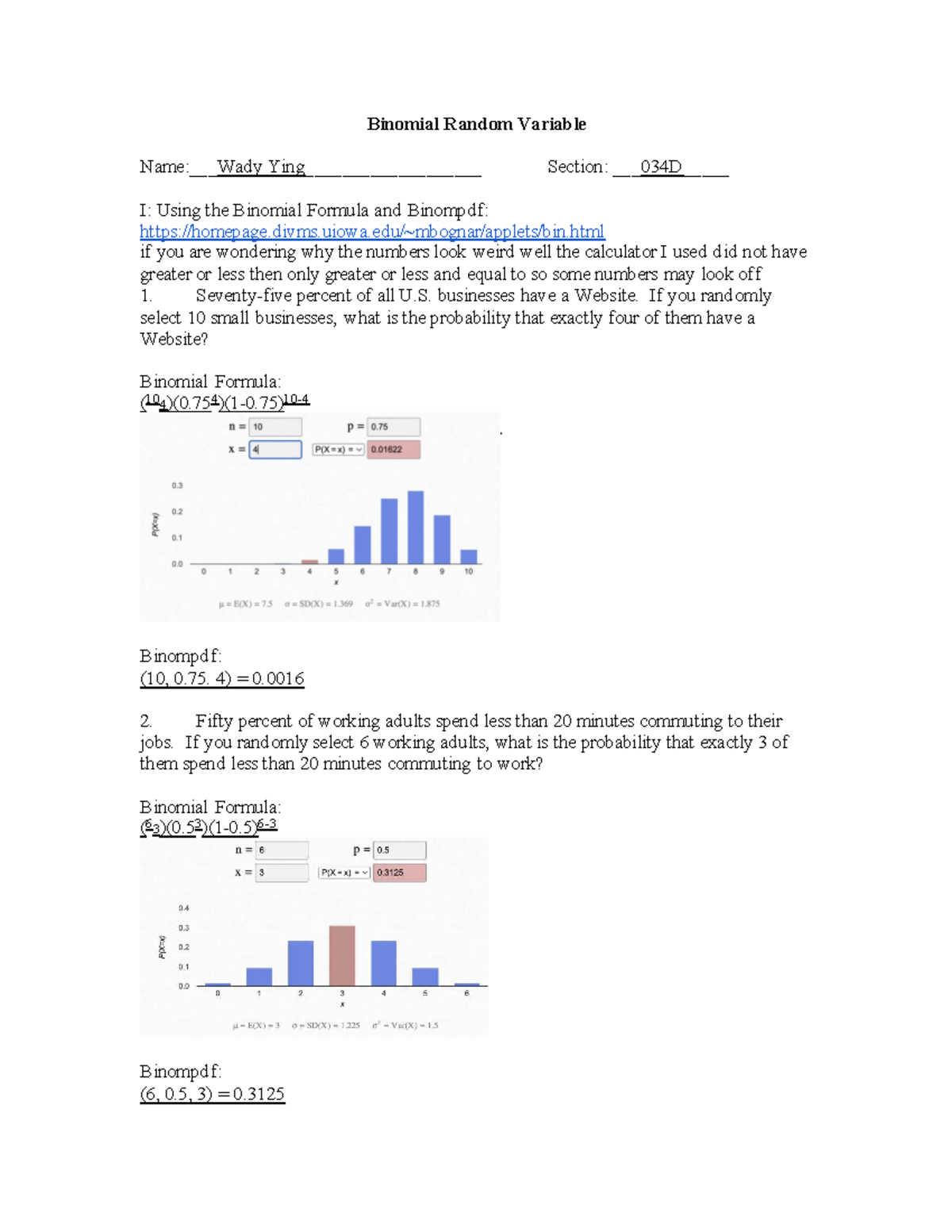 Binomial Random Variable Analysis: Probabilities & Formulas - Studocu