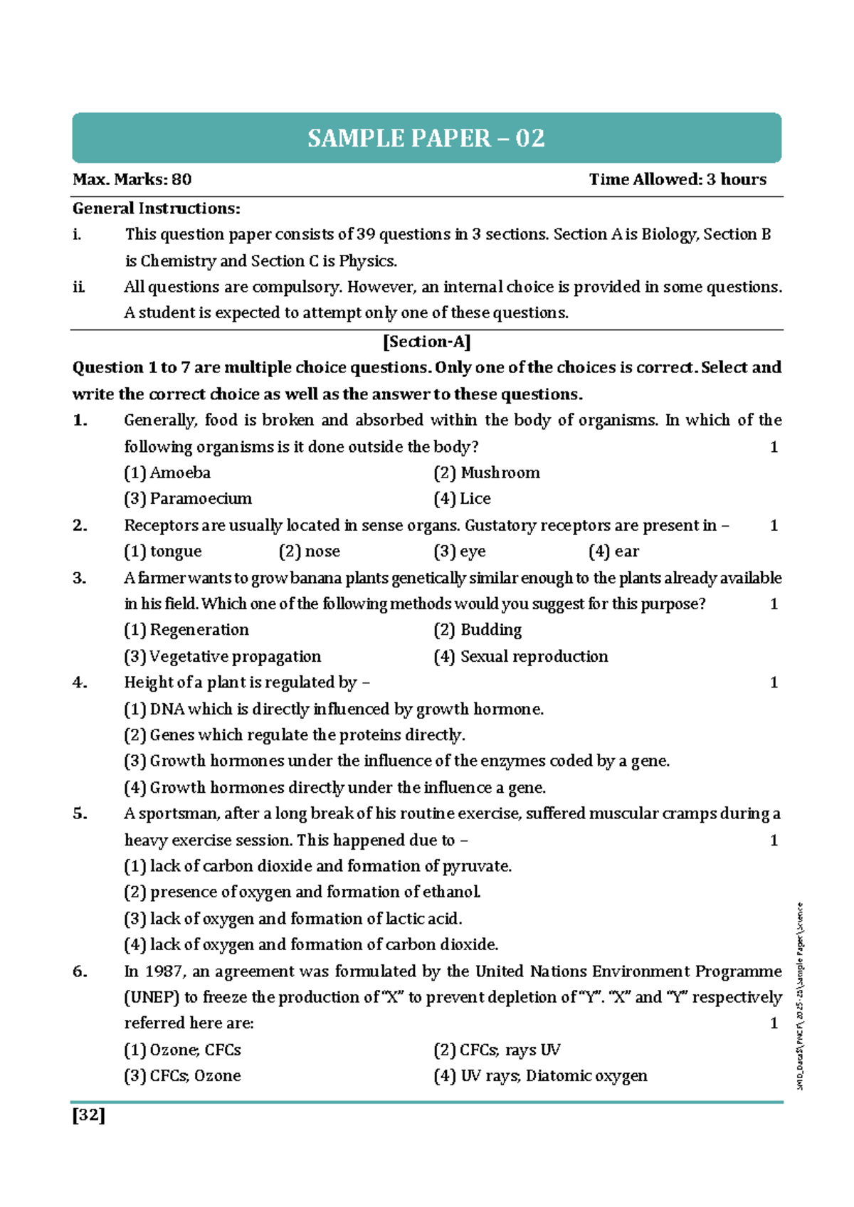 SAMPLE PAPER 02: Comprehensive Science Exam with Biology, Chemistry ...