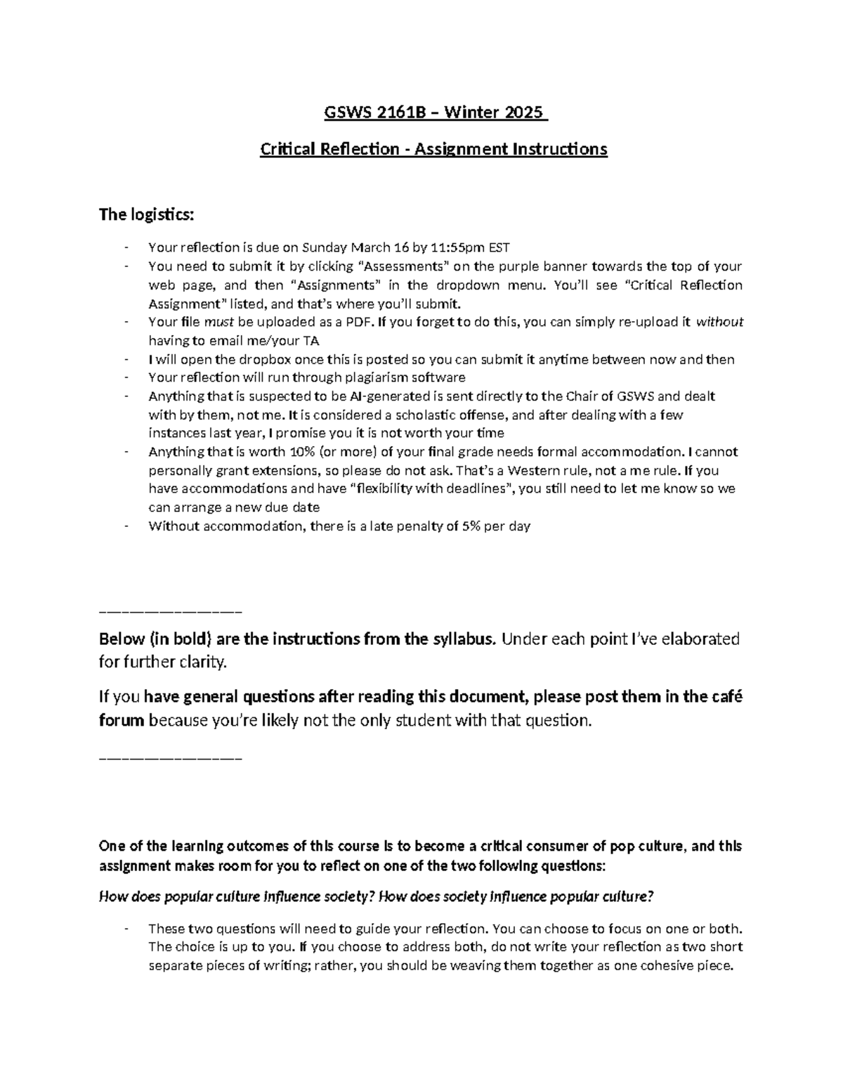 2161B - Reflection Instructions - GSWS 2161B – Winter 2025 Critical ...