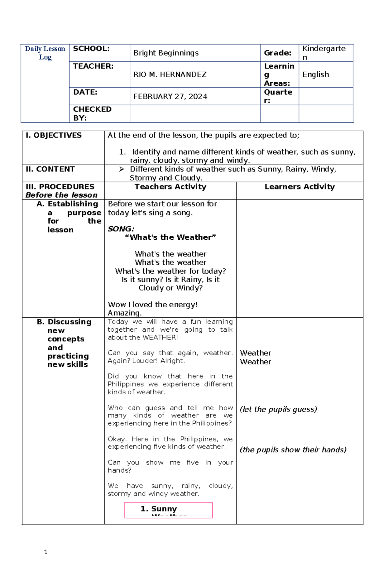 5 Kinds of Weather: A Kindergarten Daily Lesson Plan - Studocu