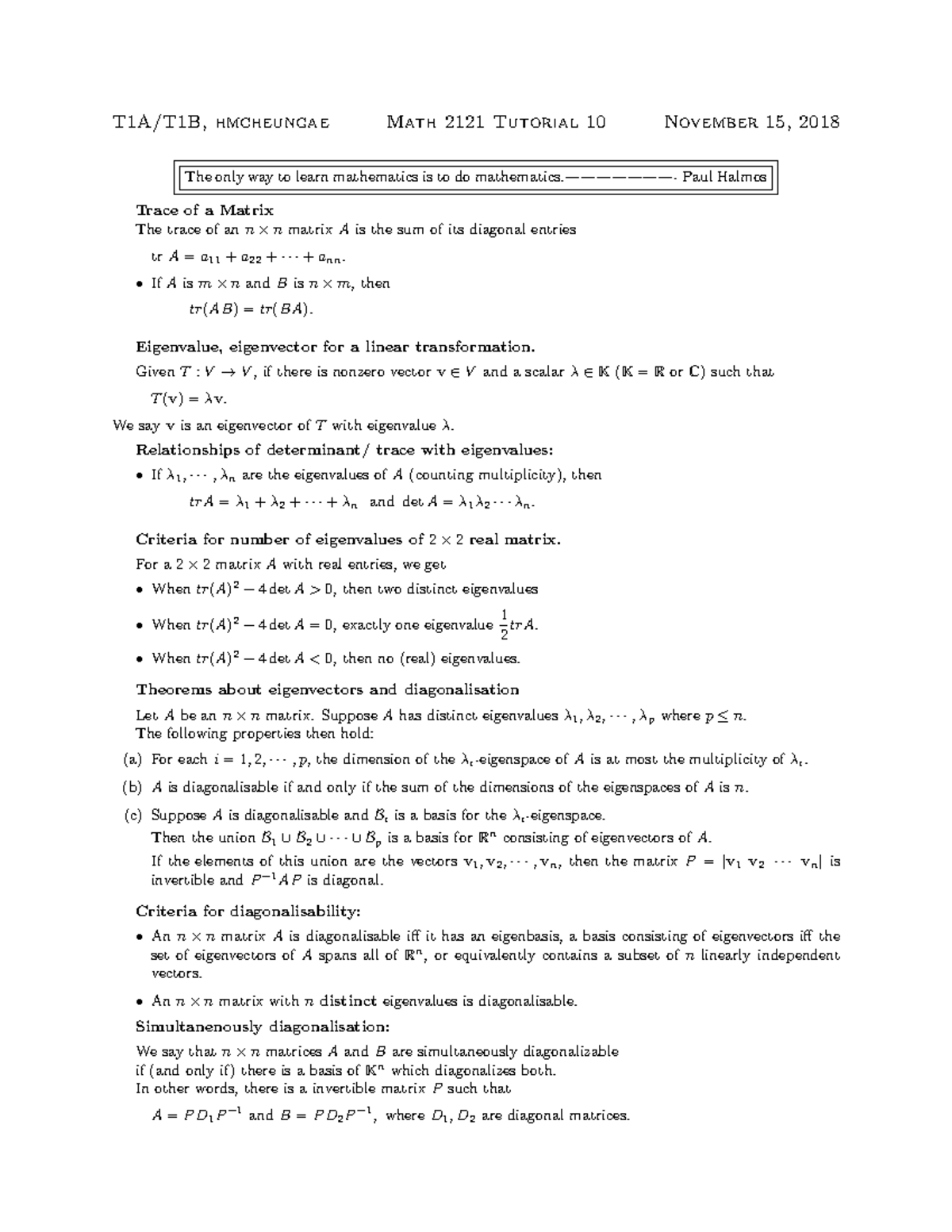 Math 2121 Tutorial 10 Classwork: Eigenvalues, Eigenvectors & Trace ...