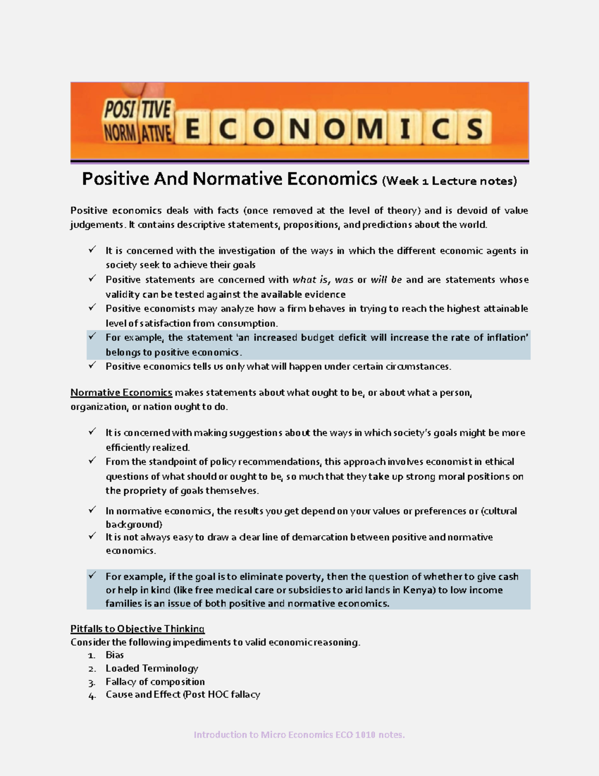 Positive and Normative Economics: ECO 1010 Week 1 Lecture Notes - Studocu