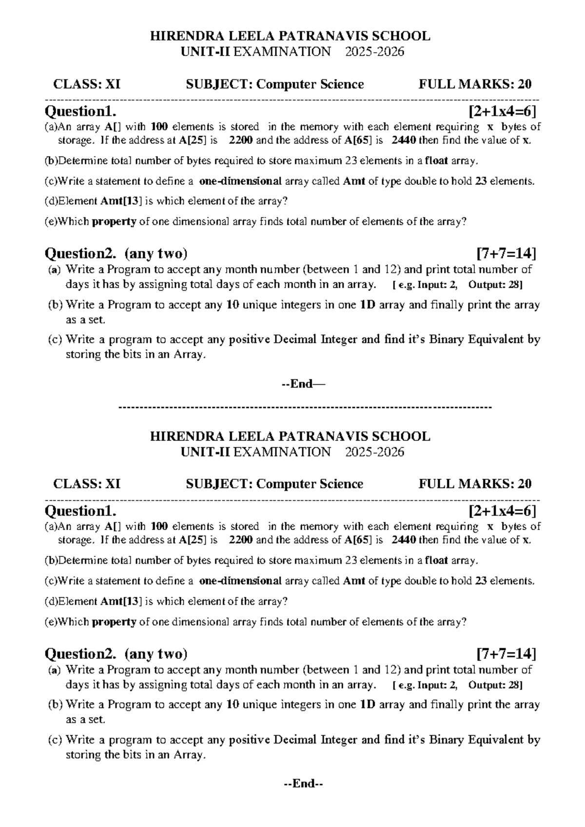 Cl11 Computer Science Unit 2 Exam Questions - 2025 - Studocu
