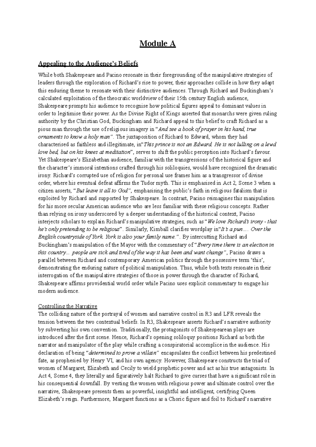 Module A - R3 and LFR: Essay Notes on Richard III & Looking for Richard ...