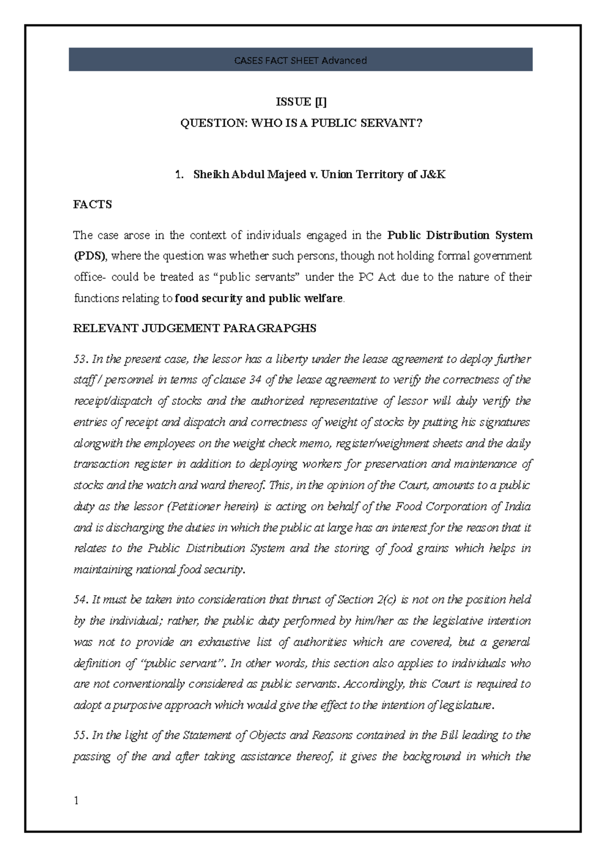 CASES FACT SHEET: Defining Public Servants under the PC Act - Studocu
