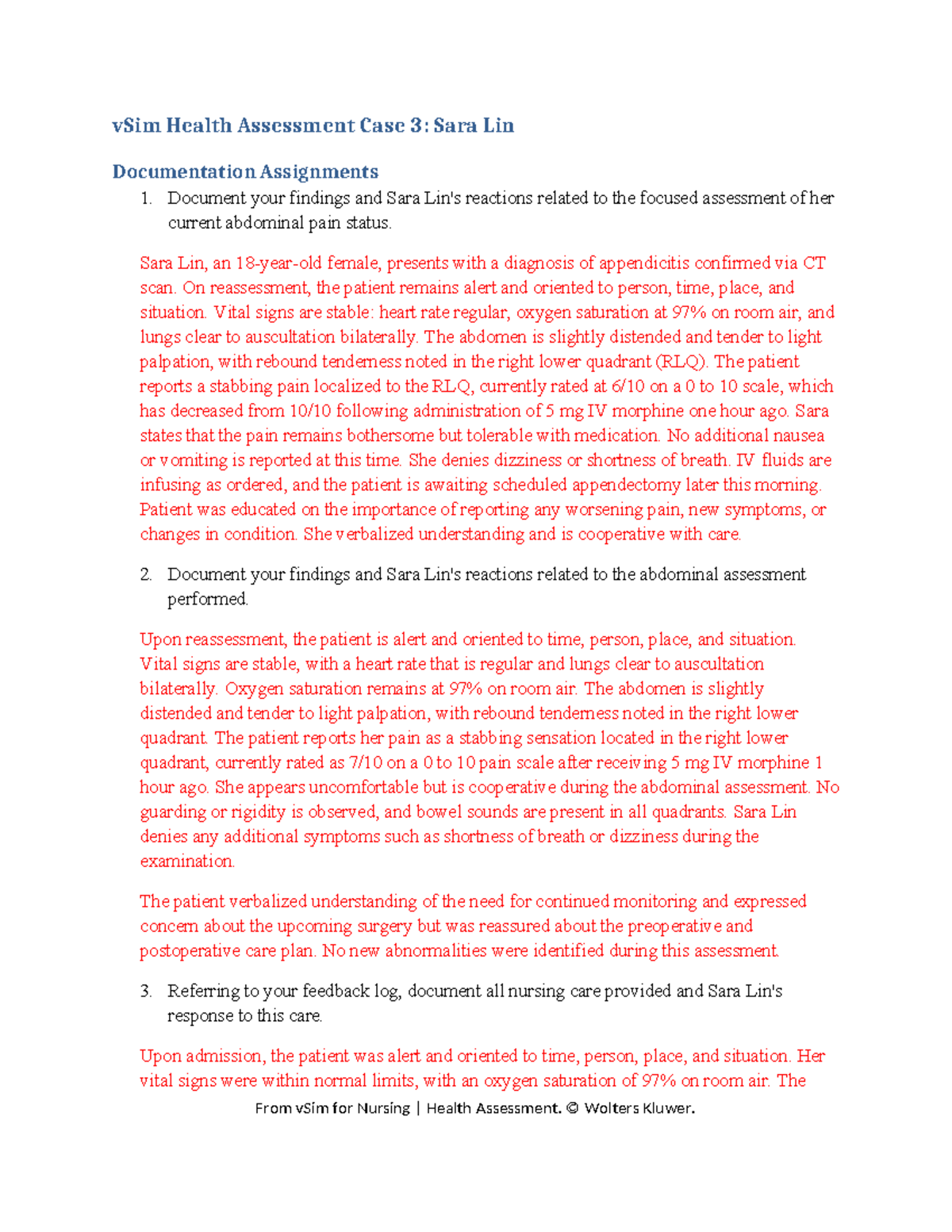 vSim Health Assessment Case Study 3: Appendicitis of Sara Lin - Studocu
