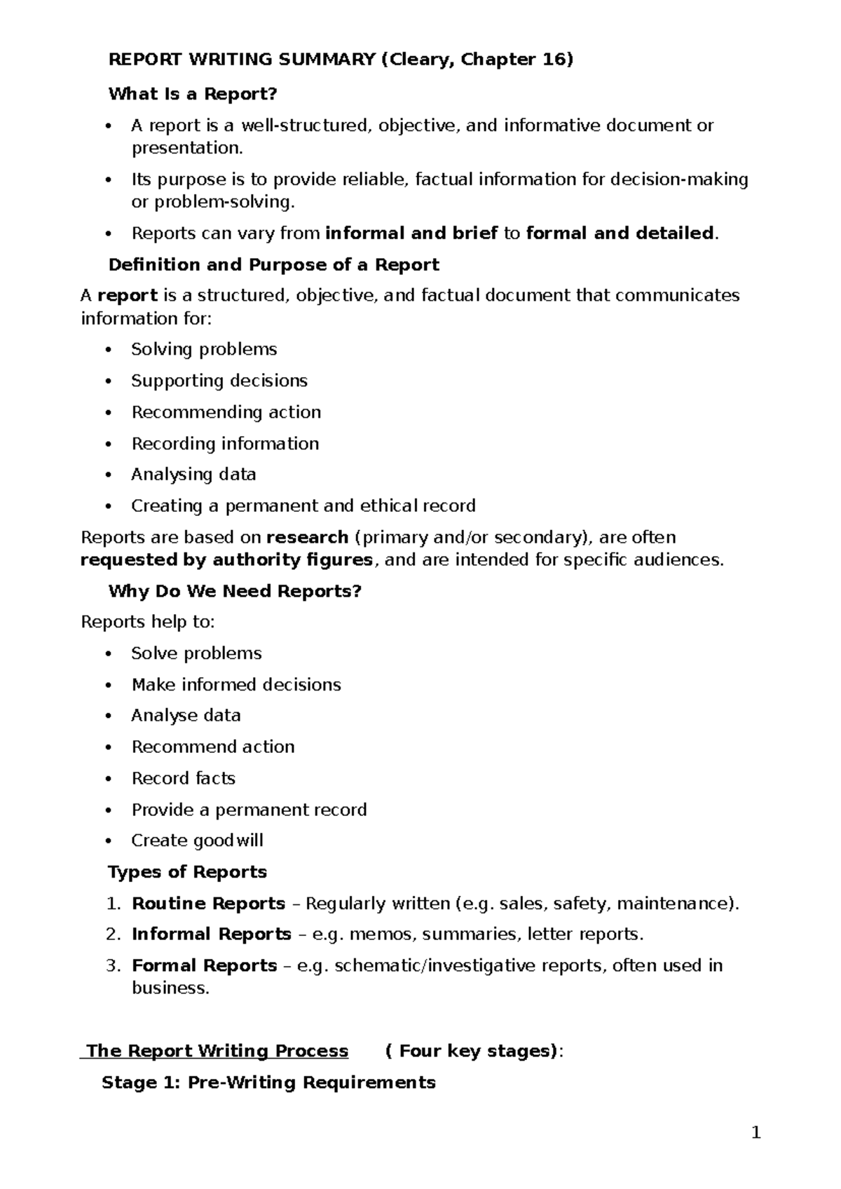 📘 Report Writing Summary (Cleary, Ch. 16) - Key Concepts & Structure ...