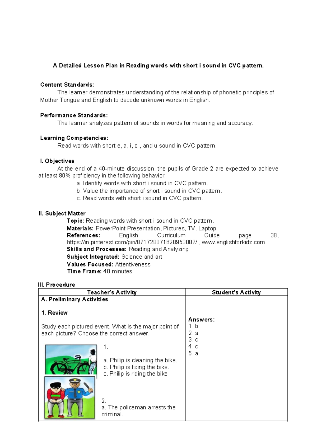 Grade 2 English Lesson Plan: Reading Short 'i' CVC Words - Studocu